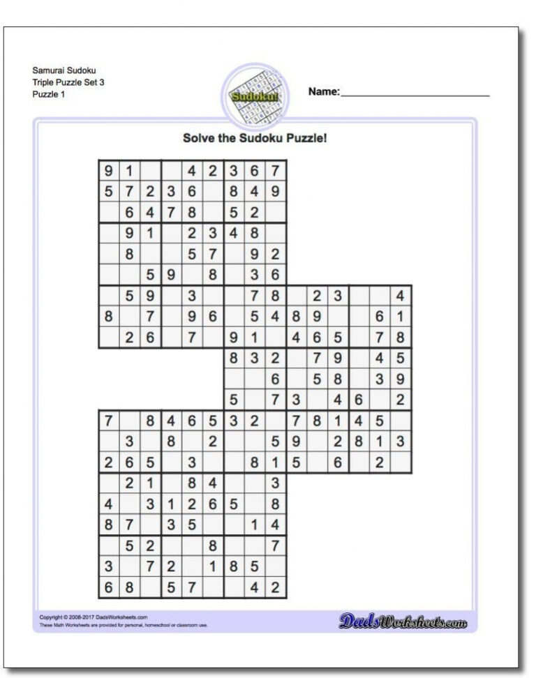 Samurai Sudoku Triples Math Worksheets Sudoku Puzzles Math 6 - Lyana ... Samurai Sudoku Triples Math Worksheets Sudoku Puzzles Math 6 - Lyana ...